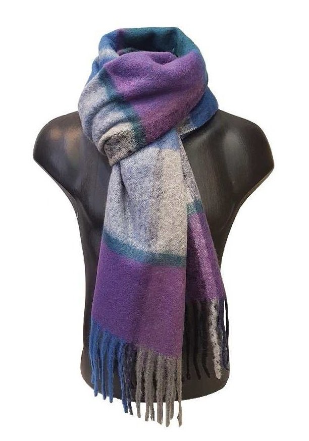 Bufanda Cuadros Morada, Gris y Azul Gruesa con Flecos El Soto